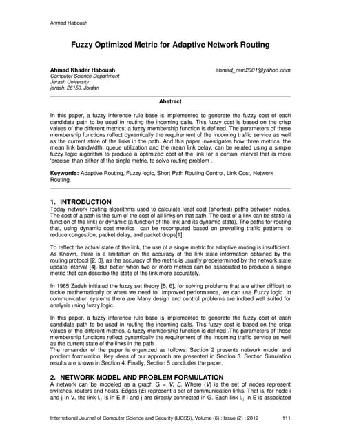 Fuzzy Optimized Metric for Adaptive Network Routing | PDF Fuzzy Optimized Metric for Adaptive Network Routing | PDF