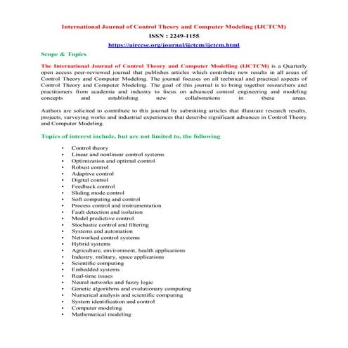 International Journal of Control Theory and Computer Modeling (IJCTCM ...