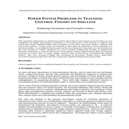 Power System Problems In Teaching Control Theory On Simulink Pdf