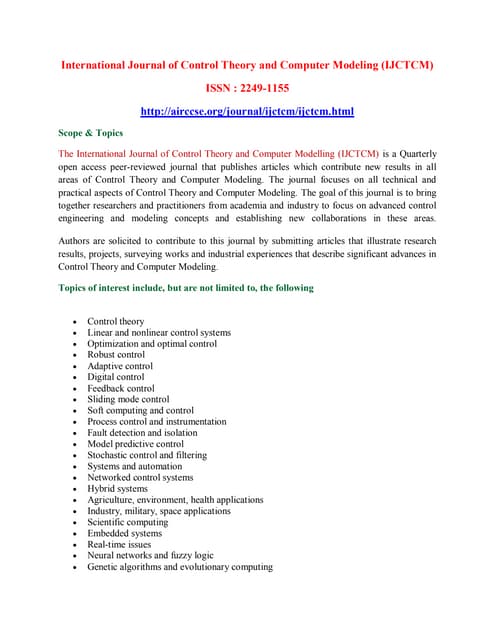 International Journal of Control Theory and Computer Modeling (IJCTCM ...