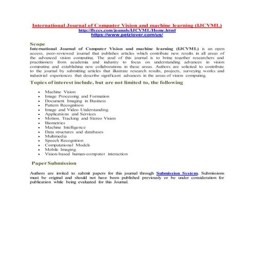 International Journal of Computer Vision and machine learning (IJCVML) | PDF