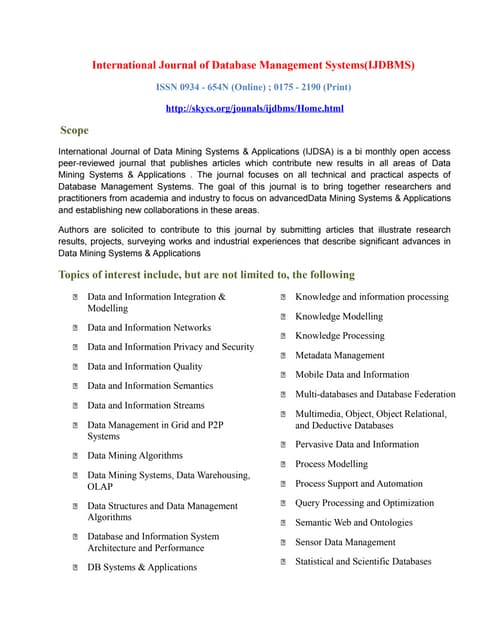 International Journal of Database Management Systems (IJDMS) - EBSCO, WJCI indexed | PDF