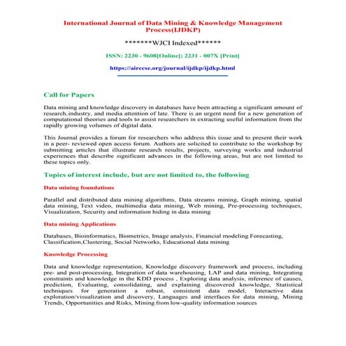 Current Issue - International Journal of Data Mining & Knowledge Management Process (IJDKP) | PDF