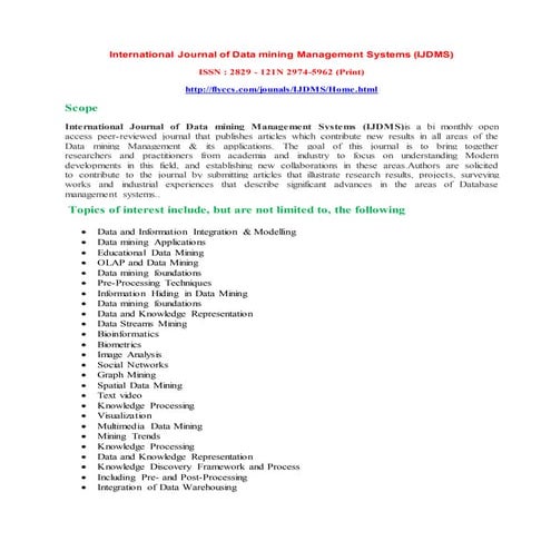 International Journal Of Data Mining Management Systems Ijdms Pdf 