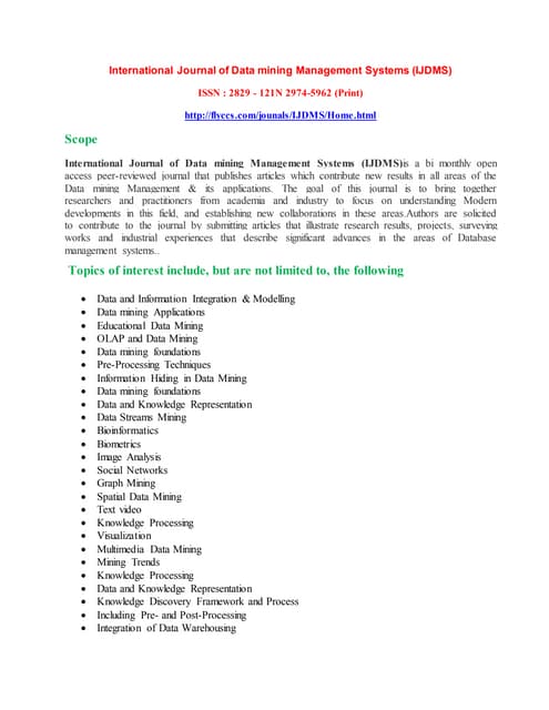 International Journal Of Data Mining Management Systems Ijdms Pdf