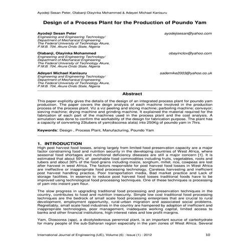 Design of a Process Plant for the Production of Poundo Yam | PDF