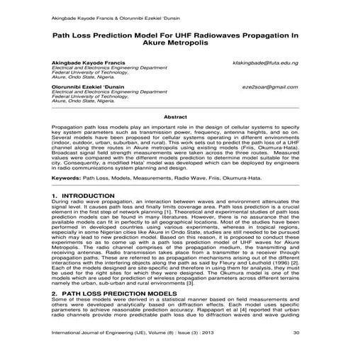 Path Loss Prediction Model For Uhf Radiowaves Propagation In Akure Metropolis Pdf