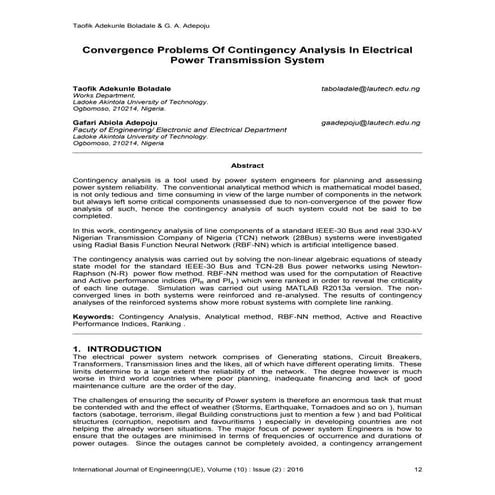 Convergence Problems Of Contingency Analysis In Electrical Power ...