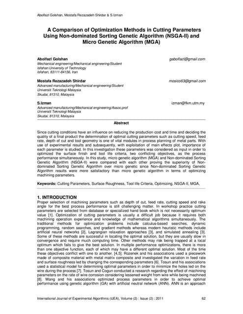 A Comparison Of Optimization Methods In Cutting Parameters Using Non Dominated Sorting Genetic