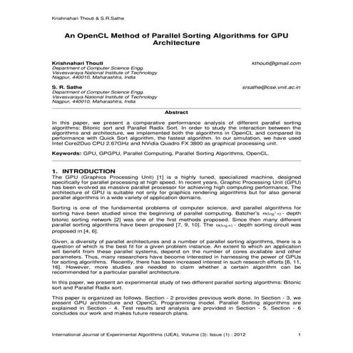 An Opencl Method Of Parallel Sorting Algorithms For Gpu Architecture Pdf