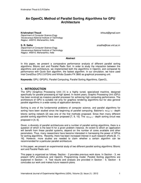 An Opencl Method Of Parallel Sorting Algorithms For Gpu Architecture Pdf