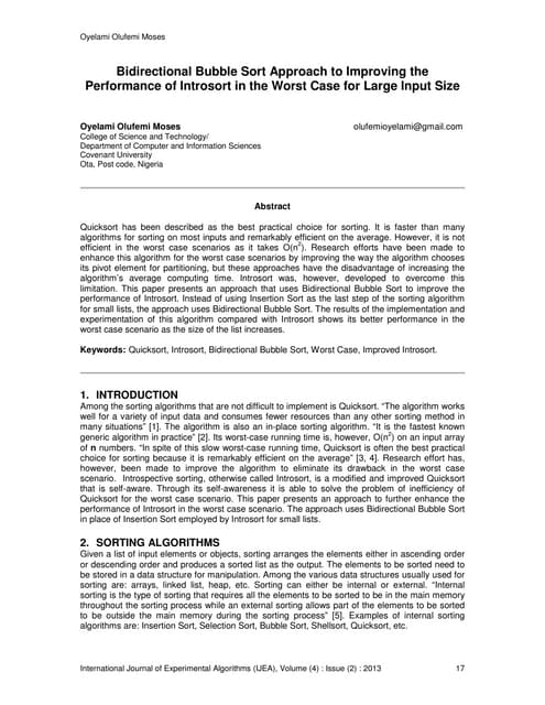 Bidirectional Bubble Sort Approach To Improving The Performance Of Introsort In The Worst Case