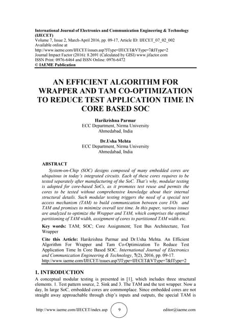 An Efficient Algorithm For Wrapper And Tam Co Optimization To Reduce Test Application Time In