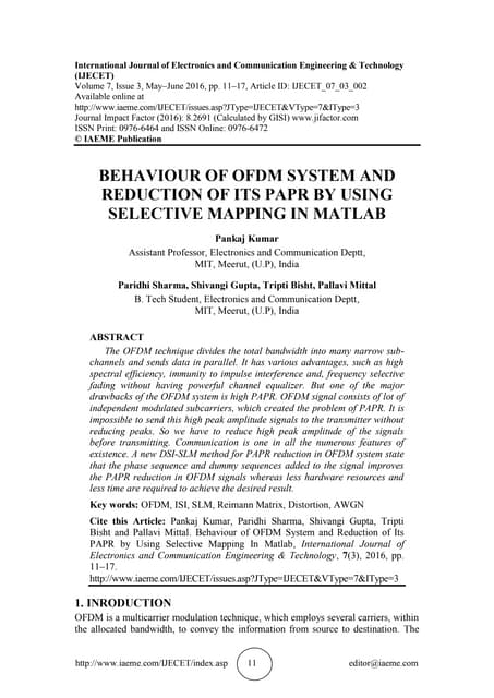 Behaviour Of Ofdm System And Reduction Of Its Papr By Using Selective