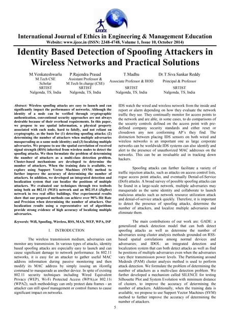 Identity Based Detection Of Spoofing Attackers In Wireless Networks And Practical Solutions Pdf