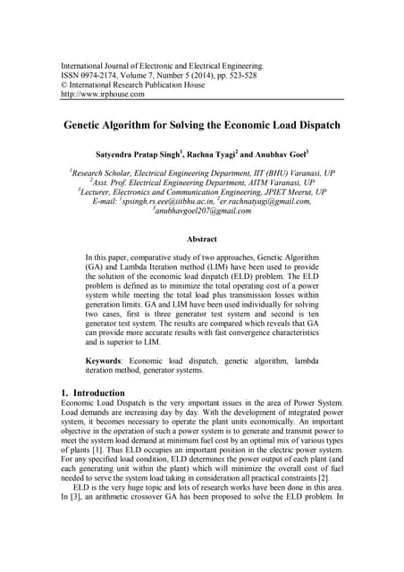 Genetic Algorithm For Solving The Economic Load Dispatch Pdf