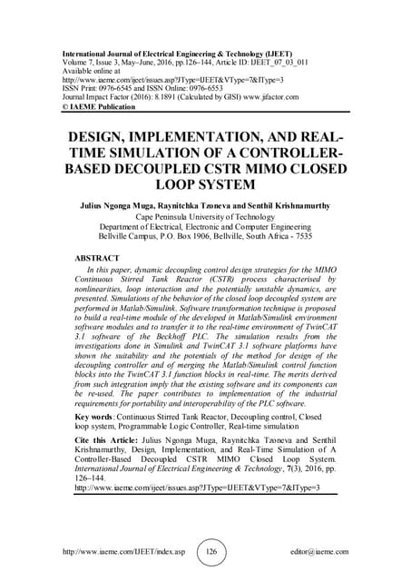Design Implementation And Real Time Simulation Of A Controller Based