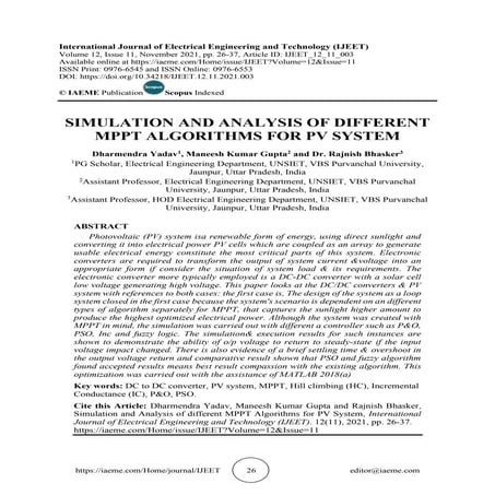 Simulation And Analysis Of Different Mppt Algorithms For Pv System Pdf 5416