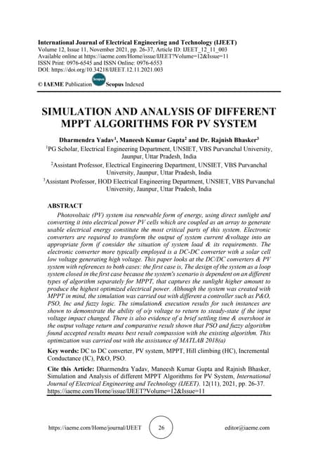 Simulation And Analysis Of Different Mppt Algorithms For Pv System Pdf 5416