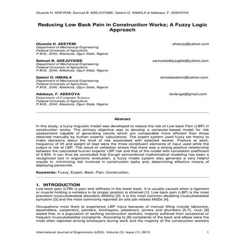 Reducing Low Back Pain in Construction Works; A Fuzzy Logic Approach | PDF