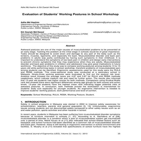 Evaluation of Students’ Working Postures in School Workshop | PDF