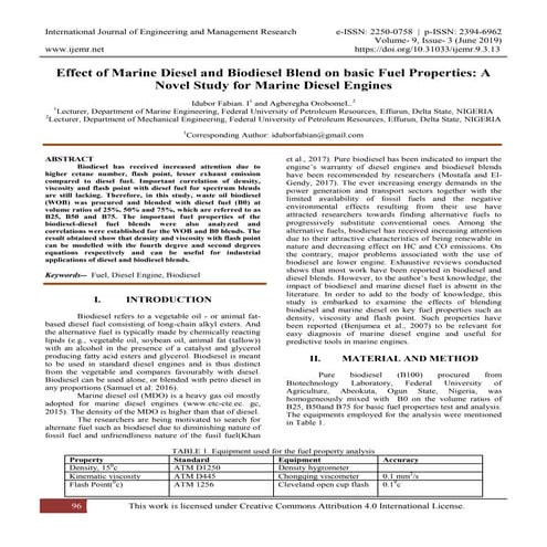 Effect of Marine Diesel and Biodiesel Blend on basic Fuel Properties: A ...