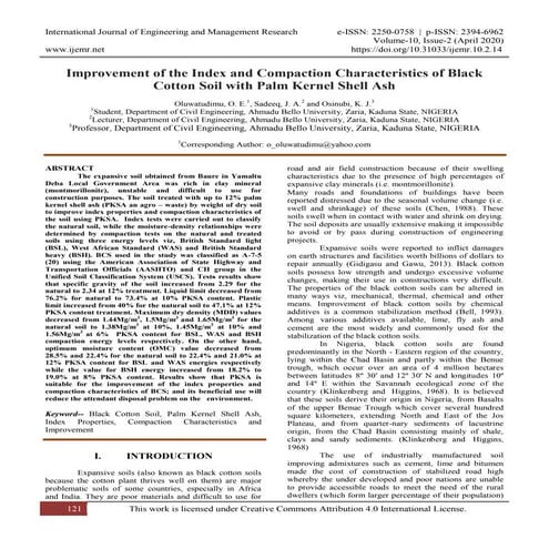 Improvement of the Index and Compaction Characteristics of Black Cotton Soil with Palm Kernel ...
