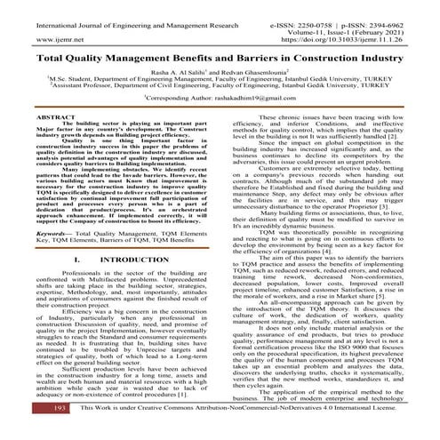 Total Quality Management Benefits and Barriers in Construction Industry ...