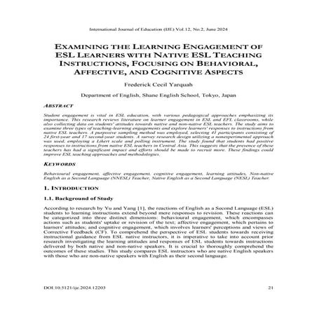 Examining the Learning Engagement of ESL Learners with Native ESL Teaching Instructions ...