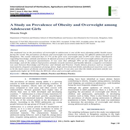 A Study on Prevalence of Obesity and Overweight among Adolescent Girls ...