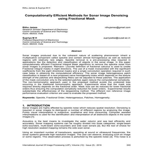 Computationally Efficient Methods For Sonar Image Denoising Using
