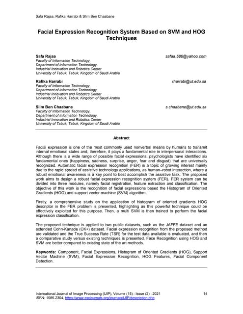 Facial Expression Recognition System Based On Svm And Hog Techniques Pdf
