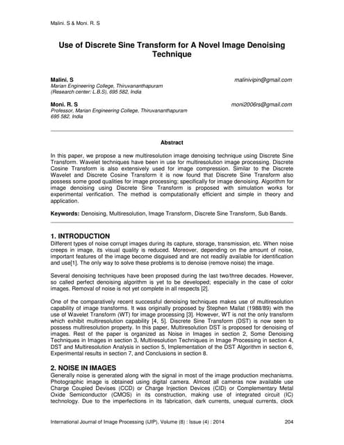 Use Of Discrete Sine Transform For A Novel Image Denoising Technique Pdf