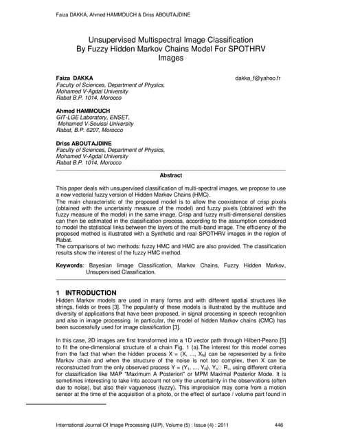 Unsupervised Multispectral Image Classification By Fuzzy Hidden Markov Chains Model For Spothrv