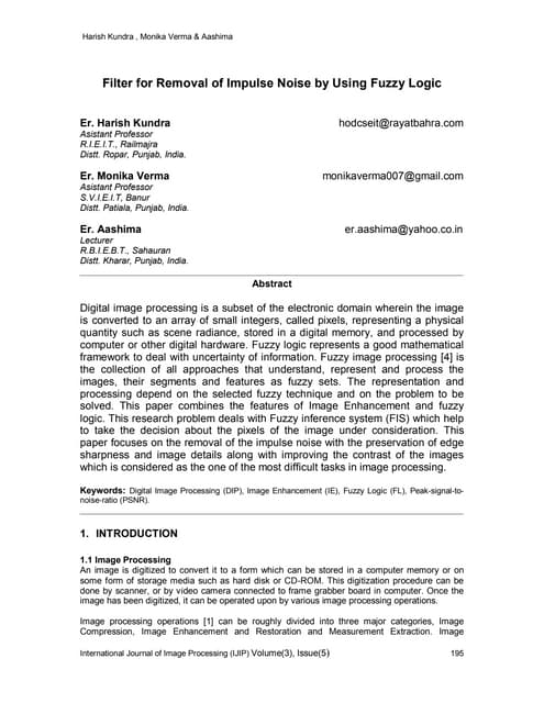 Filter For Removal Of Impulse Noise By Using Fuzzy Logic Pdf