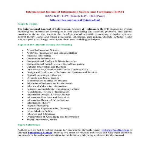 Call for Papers - International Journal of Information Sciences and Techniques (IJIST) | PDF ...