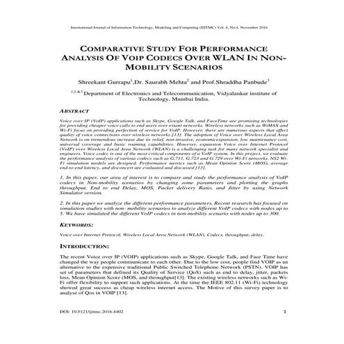 COMPARATIVE STUDY FOR PERFORMANCE ANALYSIS OF VOIP CODECS OVER WLAN IN NONMOBILITY SCENARIOS | PDF