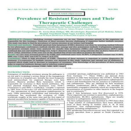 Prevalence Of Resistant Enzymes And Their Therapeutic Challenges Pdf