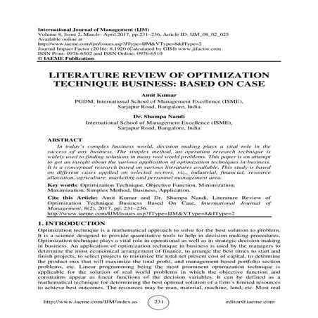 LITERATURE REVIEW OF OPTIMIZATION TECHNIQUE BUSINESS: BASED ON CASE | PDF