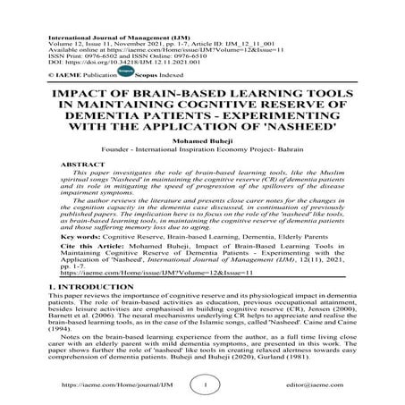 IMPACT OF BRAIN-BASED LEARNING TOOLS IN MAINTAINING COGNITIVE RESERVE ...
