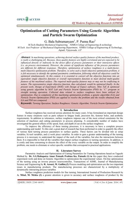 Optimization Of Cutting Parameters Using Genetic Algorithm And Particle 2608