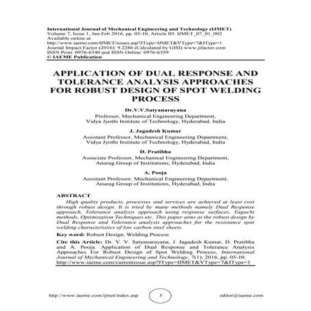 APPLICATION OF DUAL RESPONSE AND TOLERANCE ANALYSIS APPROACHES FOR ROBUST DESIGN OF SPOT WELDING ...