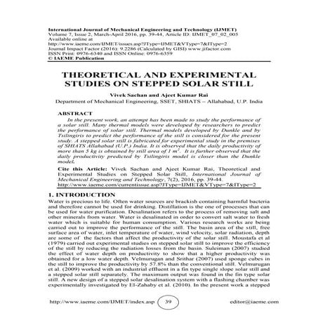 THEORETICAL AND EXPERIMENTAL STUDIES ON STEPPED SOLAR STILL | PDF
