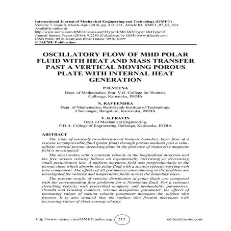 OSCILLATORY FLOW OF MHD POLAR FLUID WITH HEAT AND MASS TRANSFER PAST A VERTICAL MOVING POROUS ...