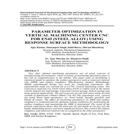 Parameter Optimization In Vertical Machining Center Cnc For En45 Steel Alloy Using Response