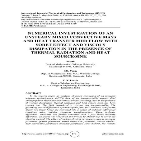 NUMERICAL INVESTIGATION OF AN UNSTEADY MIXED CONVECTIVE MASS AND HEAT TRANSFER MHD FLOW WITH ...