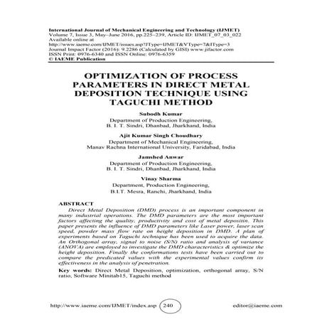 OPTIMIZATION OF PROCESS PARAMETERS IN DIRECT METAL DEPOSITION TECHNIQUE USING TAGUCHI METHOD ...