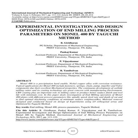 EXPERIMENTAL INVESTIGATION AND DESIGN OPTIMIZATION OF END MILLING PROCESS PARAMETERS ON MONEL ...