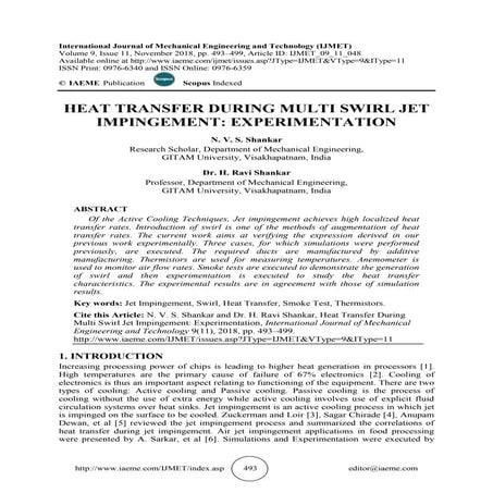 HEAT TRANSFER DURING MULTI SWIRL JET IMPINGEMENT: EXPERIMENTATION | PDF