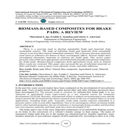 BIOMASS-BASED COMPOSITES FOR BRAKE PADS: A REVIEW | PDF